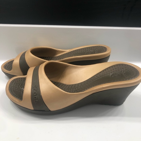 CROCS | Shoes | Crocs Sassari Sz 8 Wedge Heel Slides Sandals Brown ...